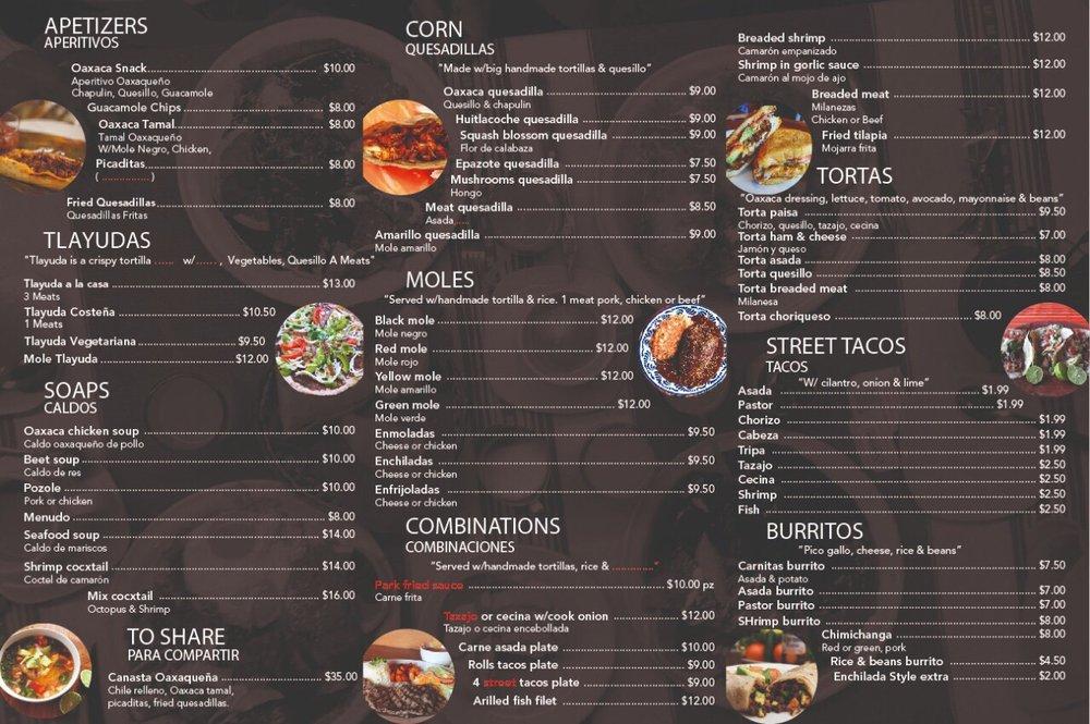 Carta del restaurante Tierra del sol, Tolleson