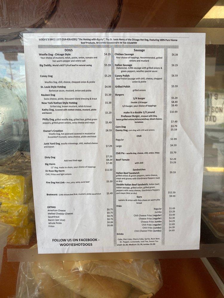 Menu at Woofies Hot Dogs restaurant, Overland