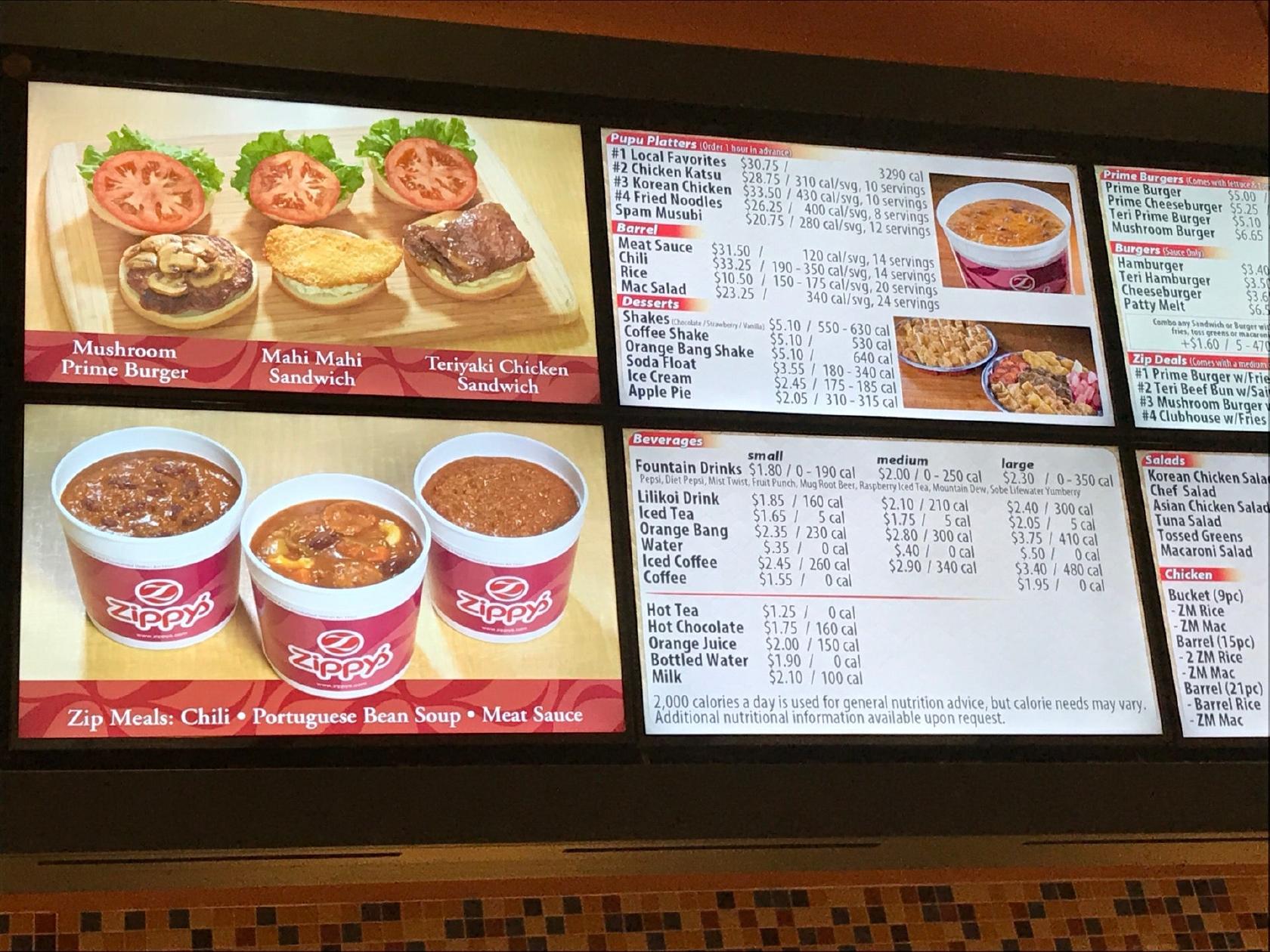 Menu at Zippy's Ewa fast food, Ewa Beach