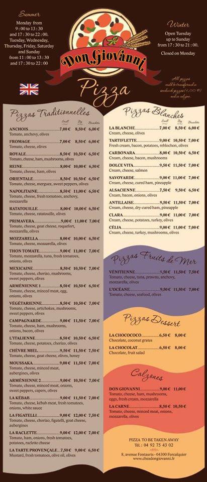Menu at Chez Don Giovanni pizzeria, Forcalquier