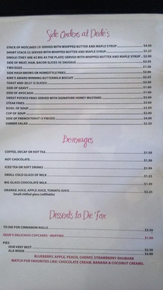 Menu at Dede's restaurant, St. George