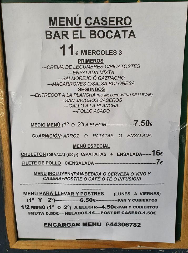 Menu at El Bocata pub & bar, Madrid