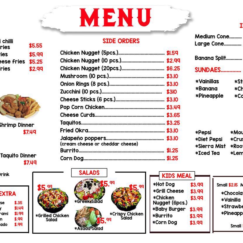 Menu at Family Burger fast food, Hanford