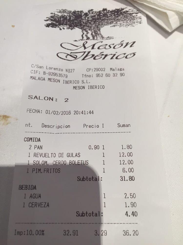 Menu at Mesón Ibérico restaurant, Málaga, C. San Lorenzo