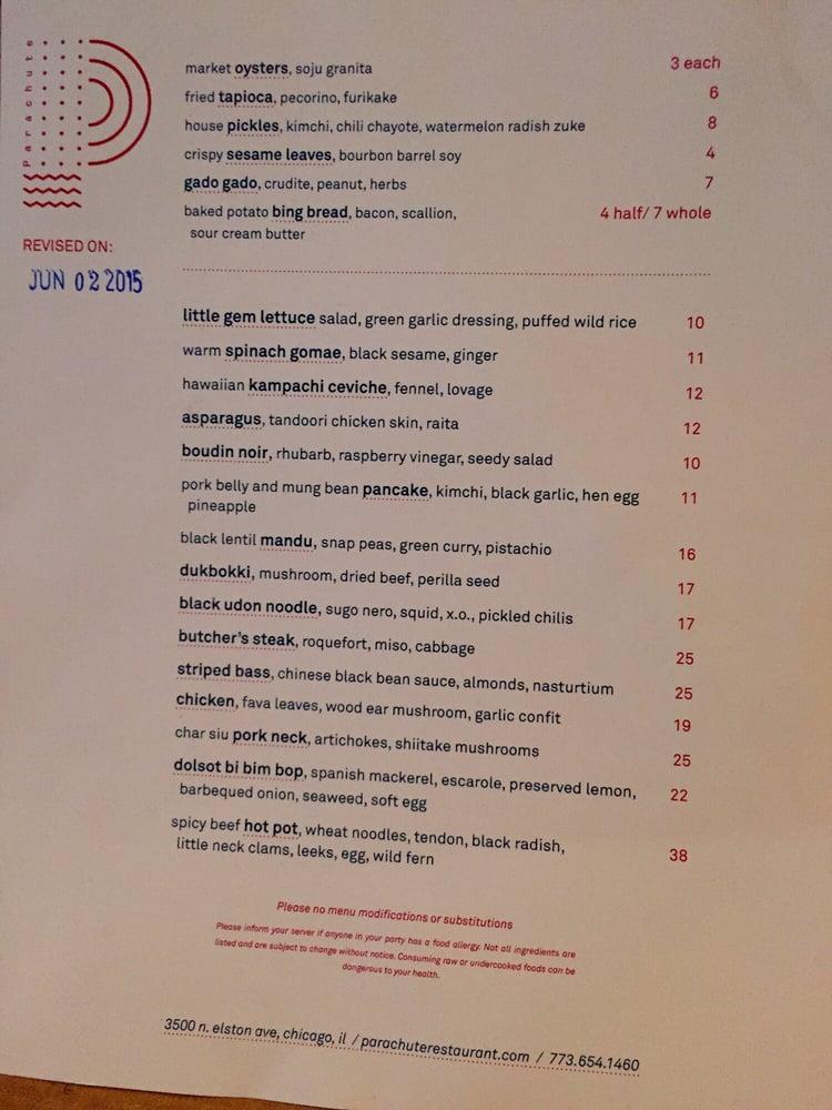 Menu at Parachute restaurant, Chicago
