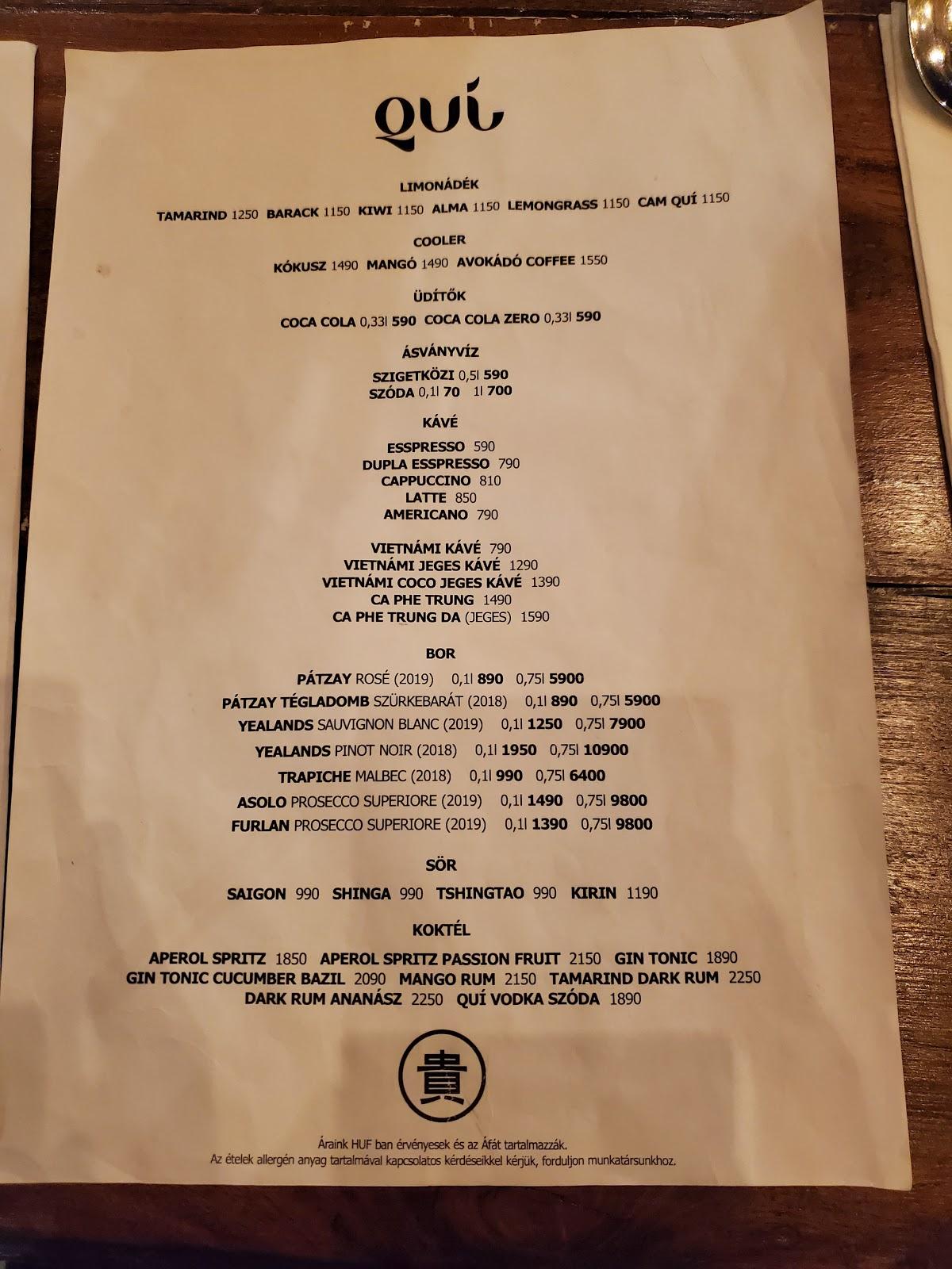 Menu at QUÍ Restaurant & Bar, Budapest