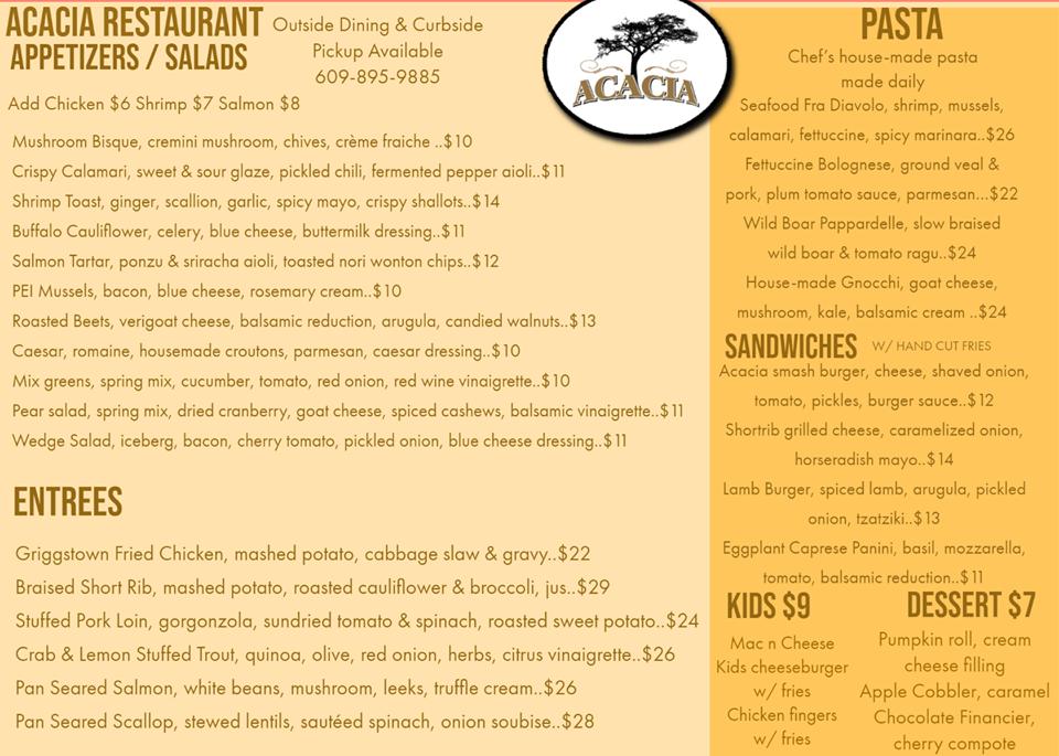 Menu at Acacia restaurant, Lawrence Township, Main St