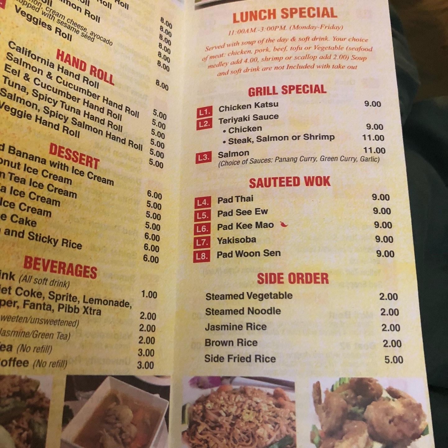 Menu at Bangkok Thai and Sushi restaurant, Valparaiso