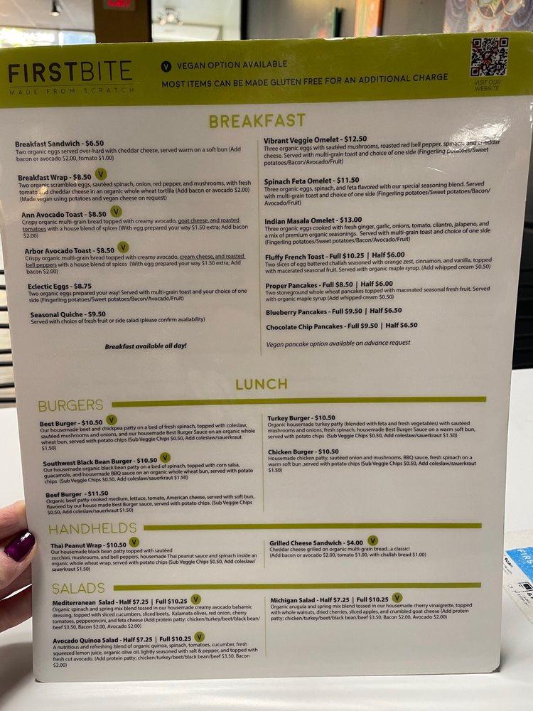 Menu at First Bite restaurant, Ann Arbor