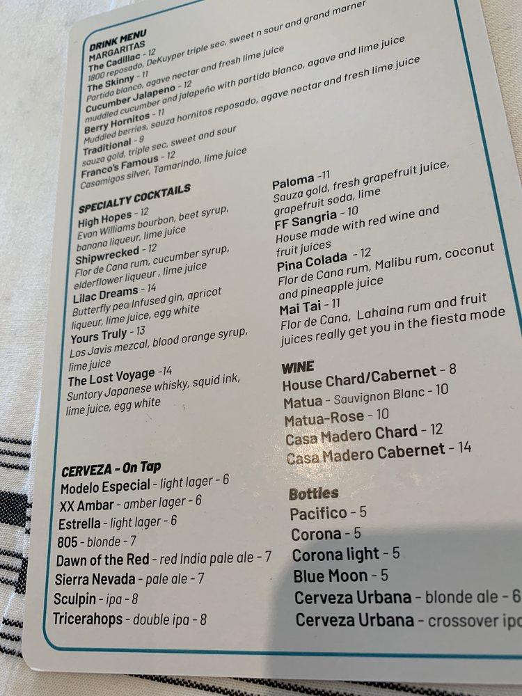 Menu at Franco's Famous pub & bar, Laguna Hills