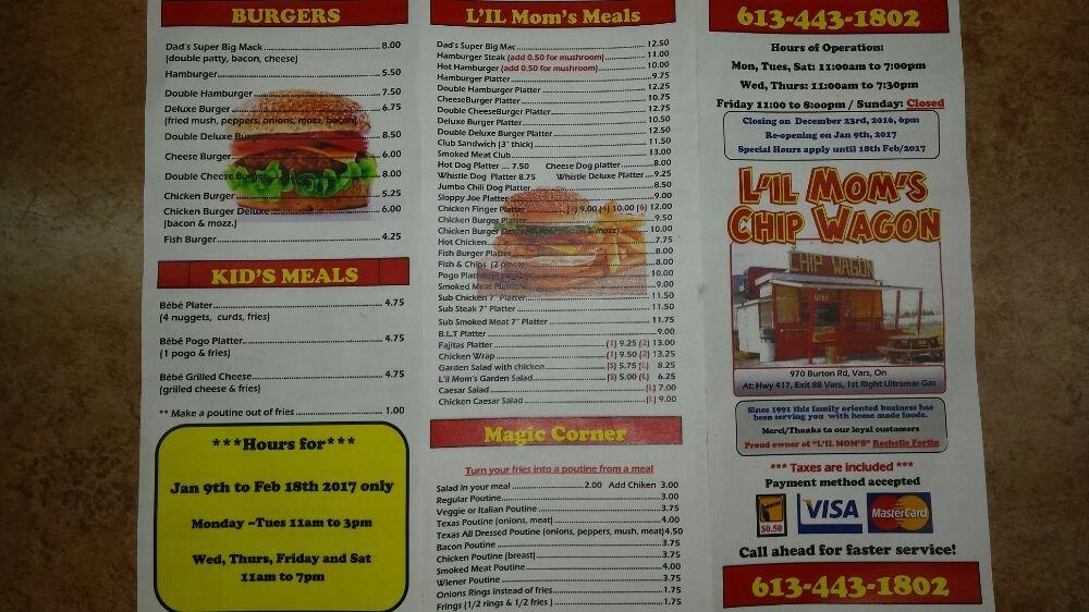 Menu at L'Il Mom's Chip Wagon restaurant, Ottawa