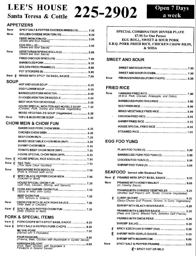 Menu at Lee’s House restaurant, San Jose