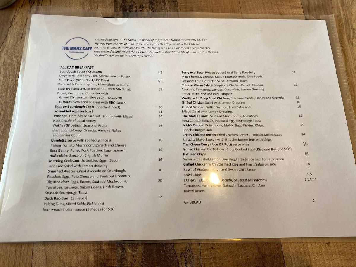 Menu at Manx Cafe, Montmorency