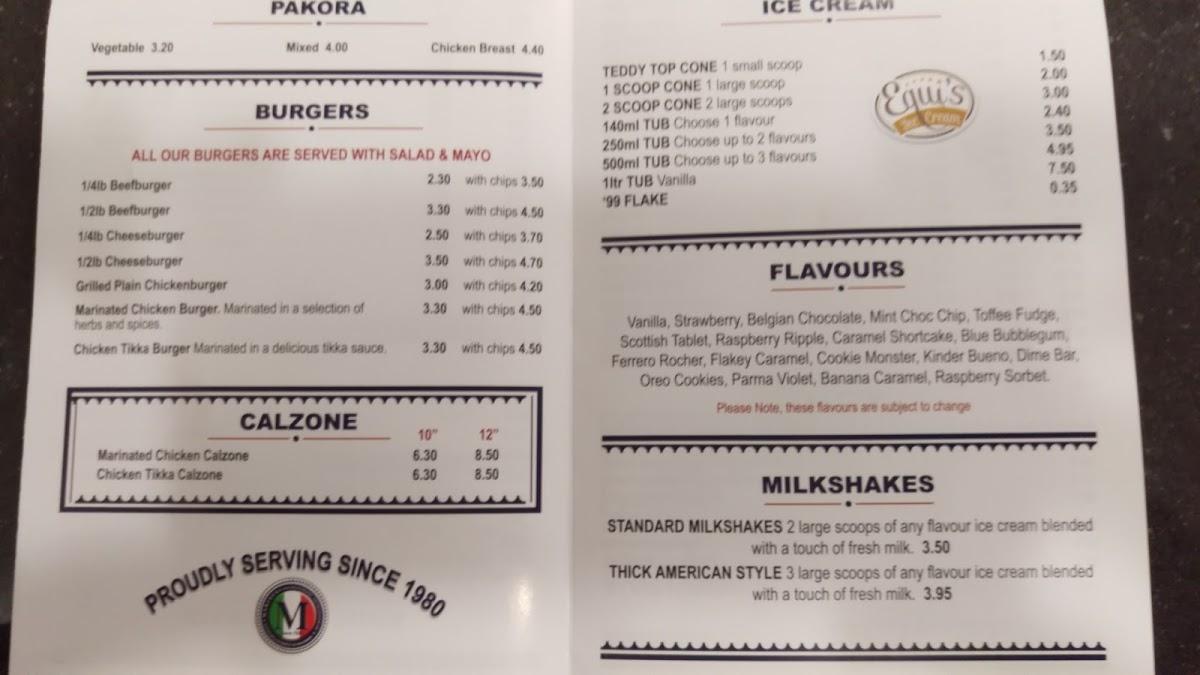 Menu at Marini's Rosyth Takeaway restaurant, Dunfermline