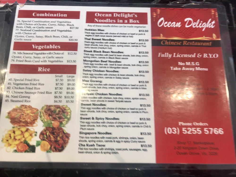 Menu at Ocean Delight Chinese Restaurant, Ocean Grove