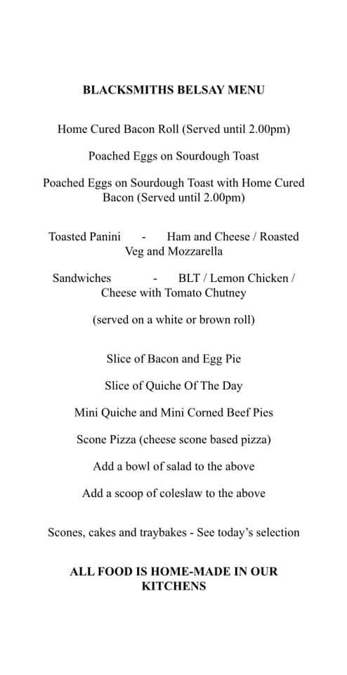 Menu at The Blacksmith's Coffee Shop cafe, Belsay, Belsay Village