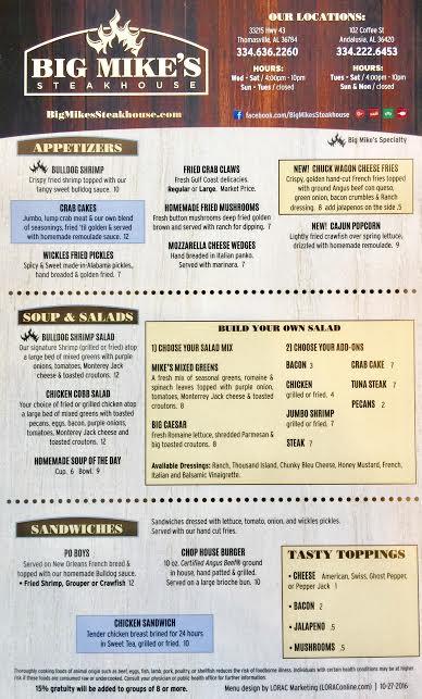 Menu at Big Mike's Steakhouse - Andalusia, Andalusia, 102 Coffee St