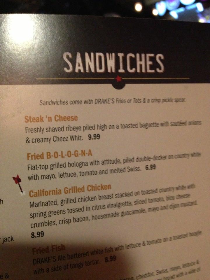 Menu at Drake’s Keystone restaurant, Indianapolis