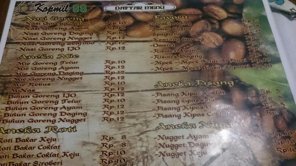 Menu at Kopmil 88 restaurant, Batusangkar