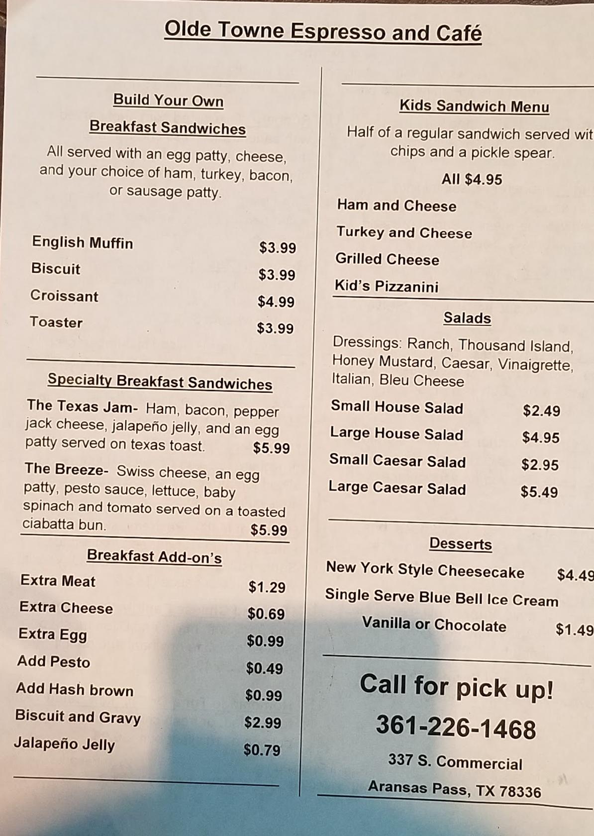 Menu at Olde Towne Espresso & Cafe, Aransas Pass