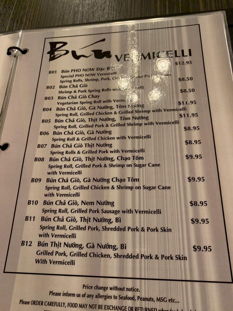 Menu at Pho Now restaurant, Toronto