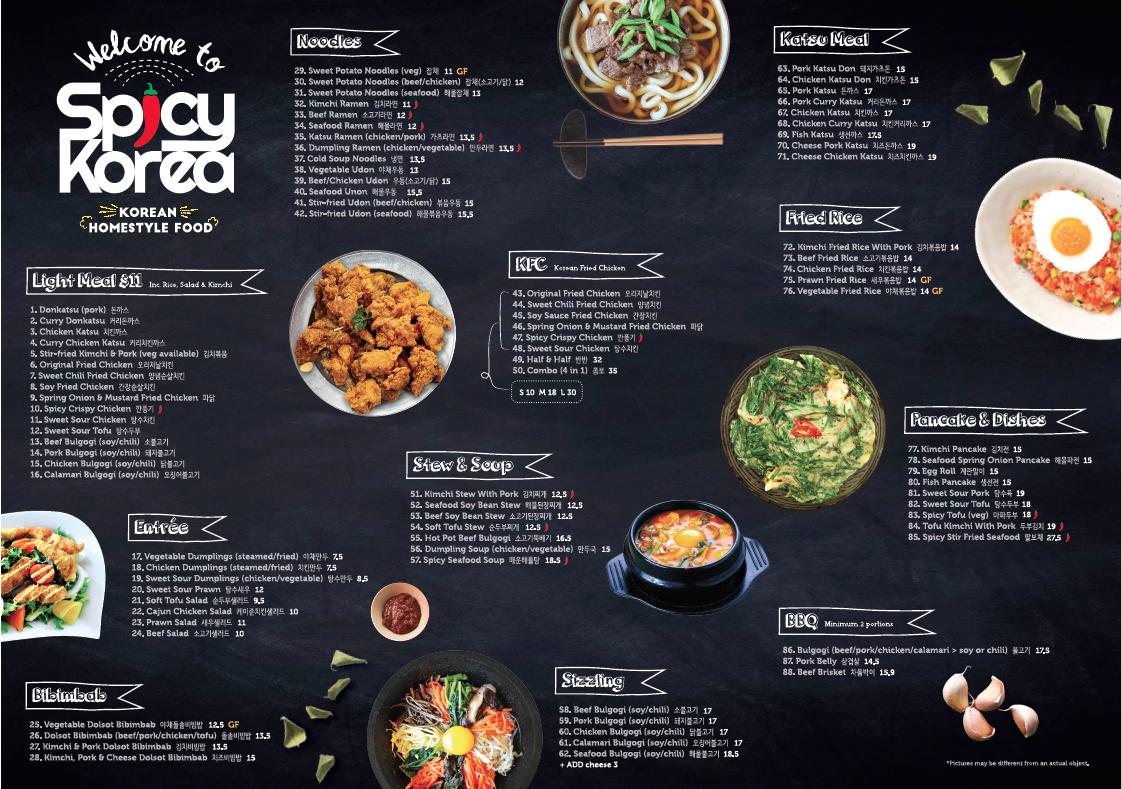 Menu at Spicy Korea restaurant, Melbourne