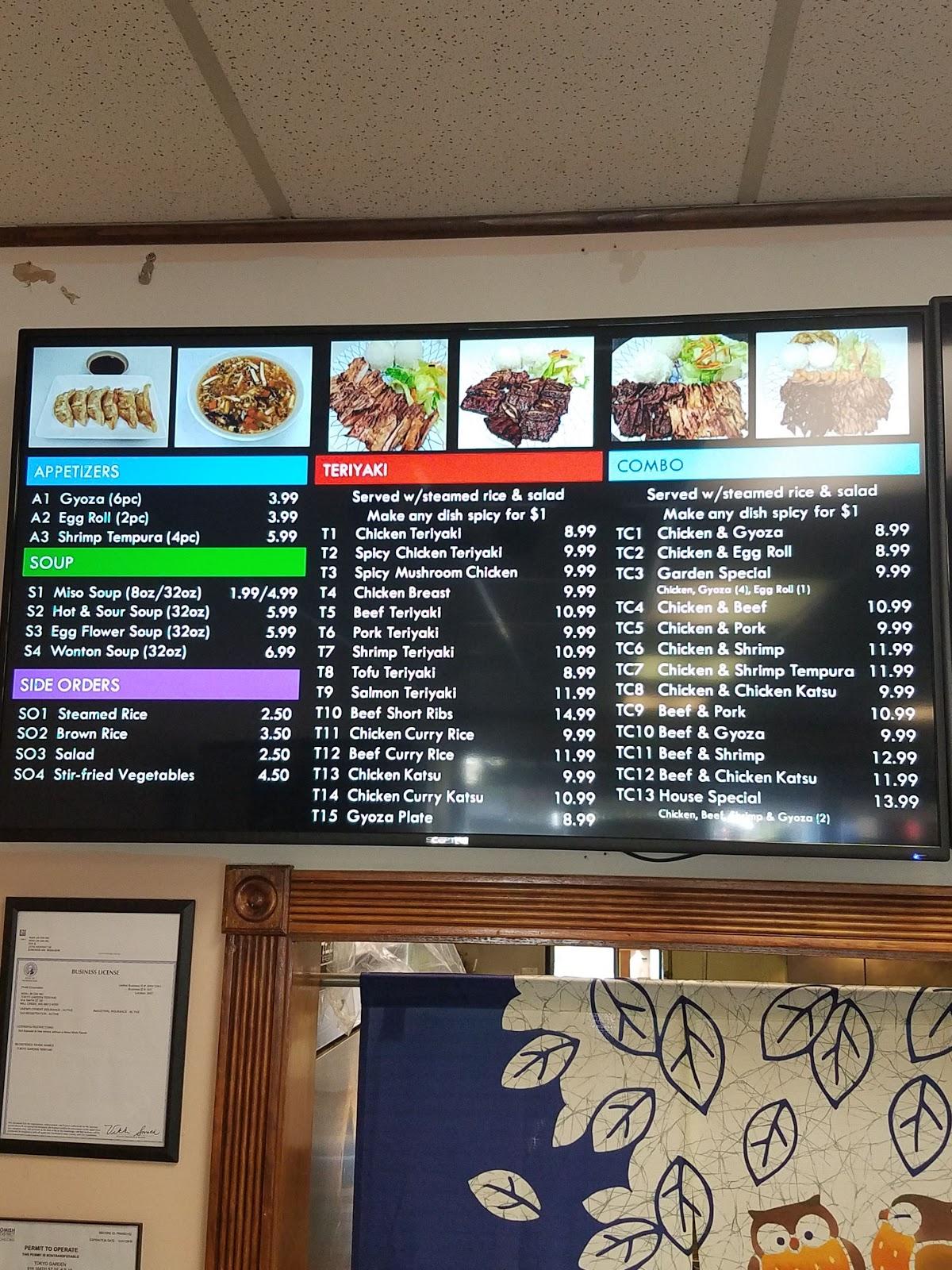 Menu at Tokyo Garden restaurant, Mill Creek