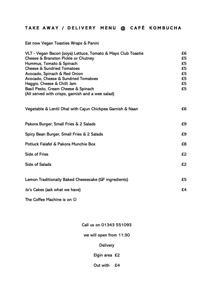 Menu at Café Kombucha cafe, Elgin