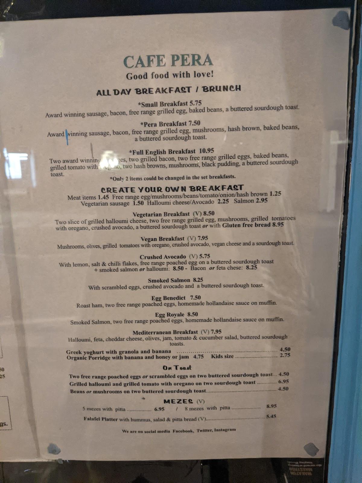 Menu at Cafe Pera, Twickenham
