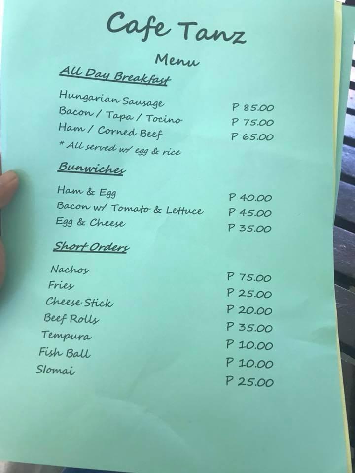 Menu at Cafe Tanz, Bacolod, JWRV+WV2