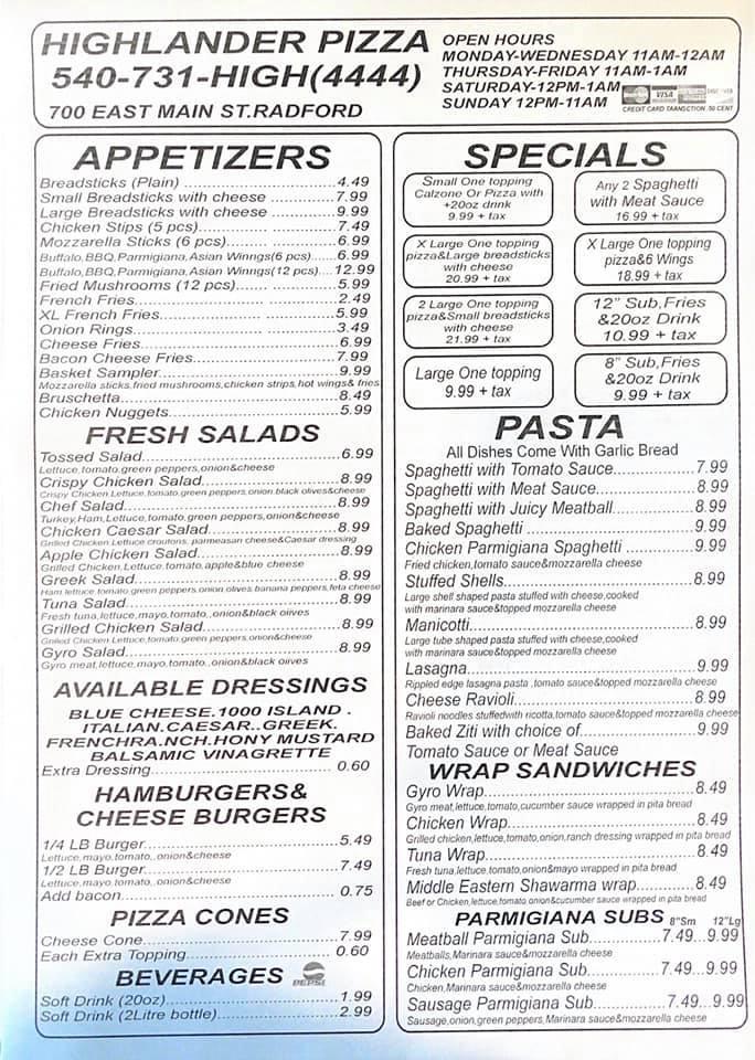 Menu at Highlander Pizza pizzeria, Radford