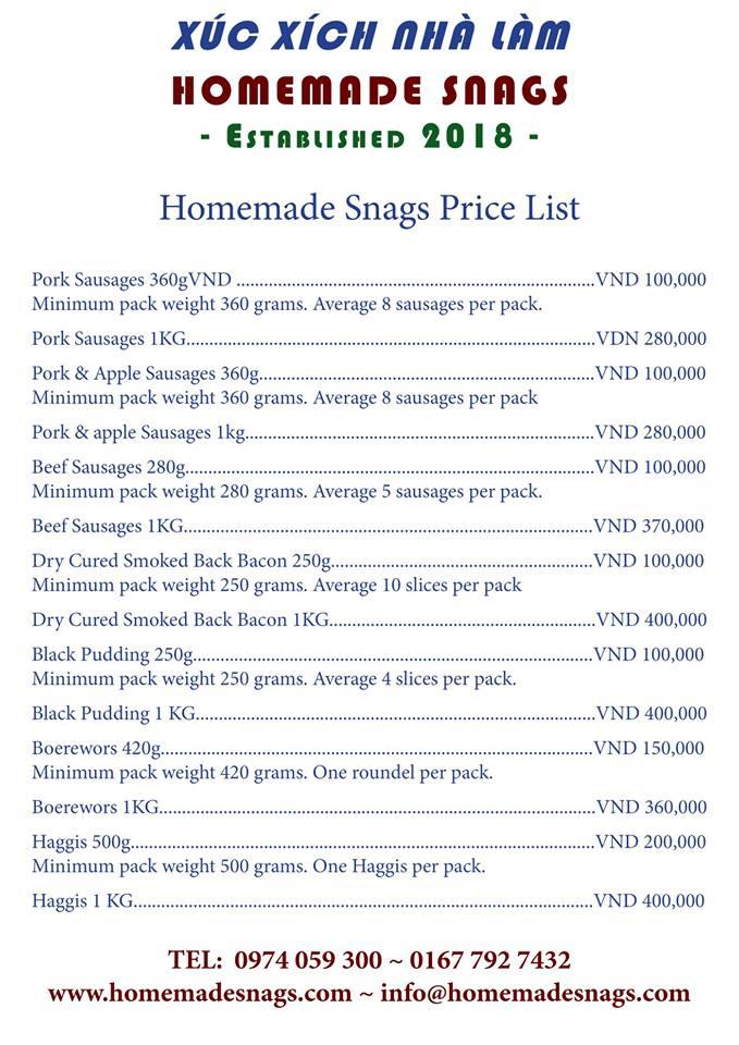 Menu at Homemade Snags, Vung Tau