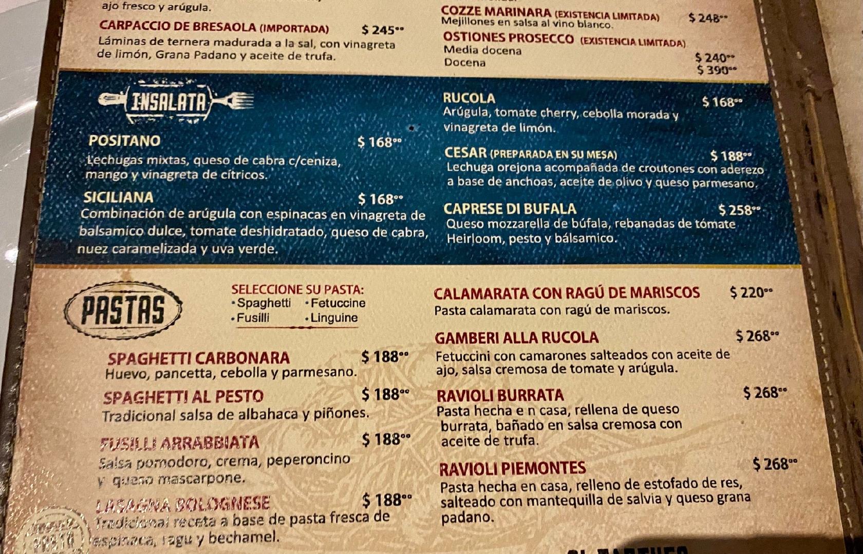 Carta del restaurante il Duomo Cocina Italiana, Santiago del Querétaro