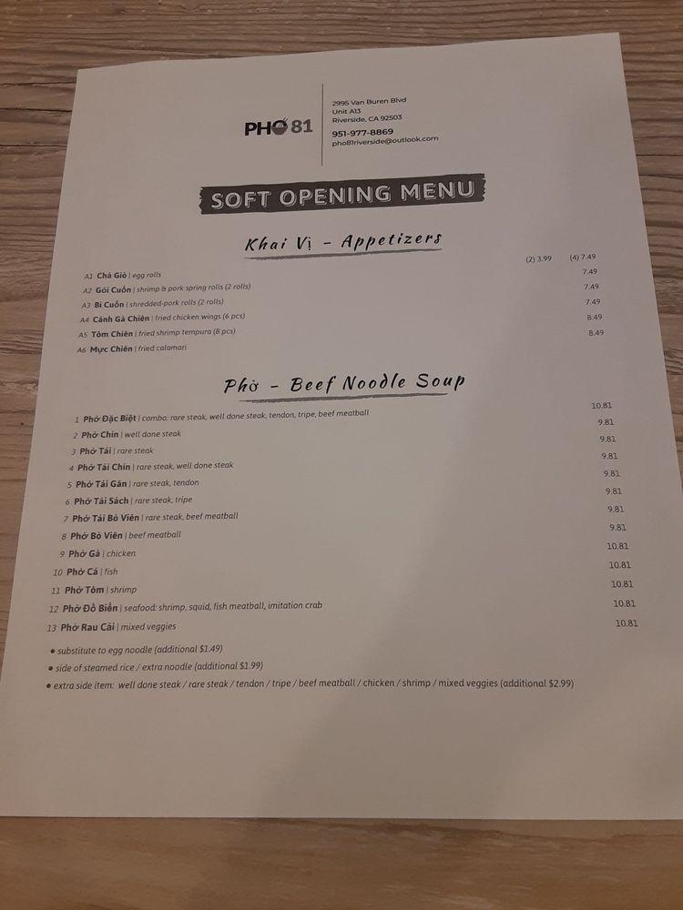 Menu at Pho 81 Vietnamese Cuisine restaurant, Riverside