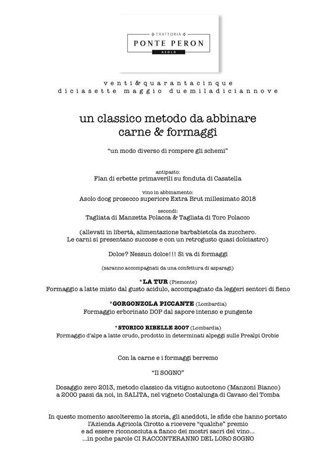 Menu at Trattoria Ponte Peron restaurant, Asolo