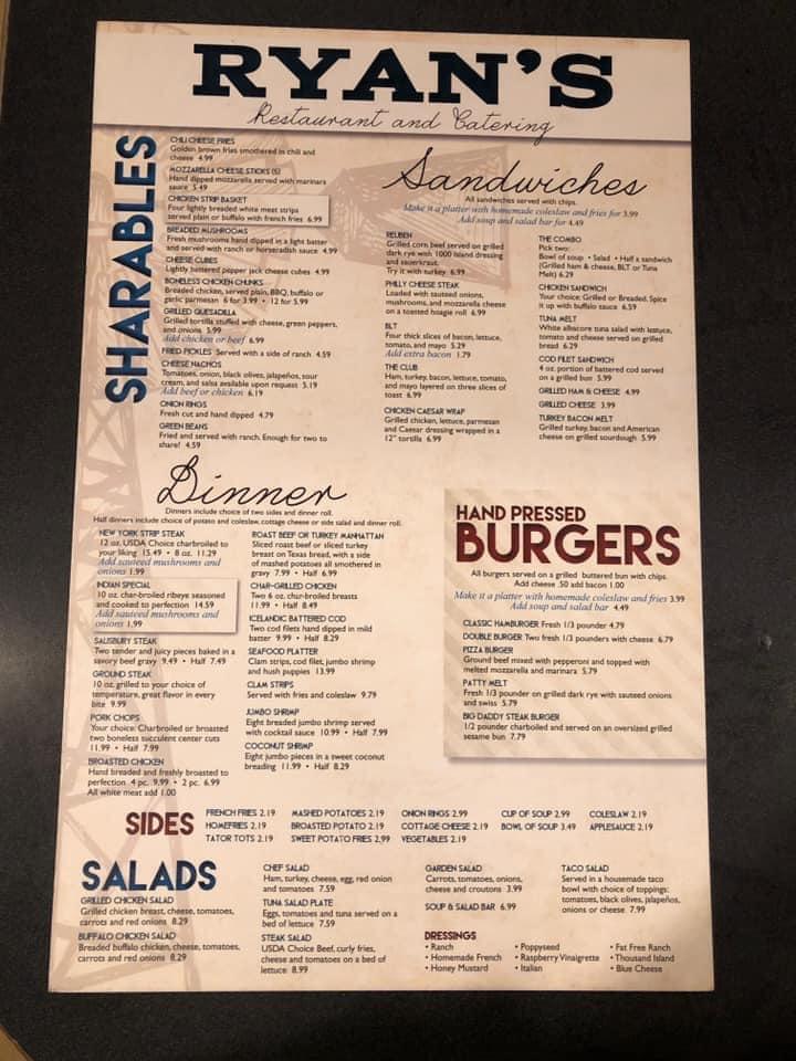 Menu at Ryan’s Restaurant & Catering, Wauseon