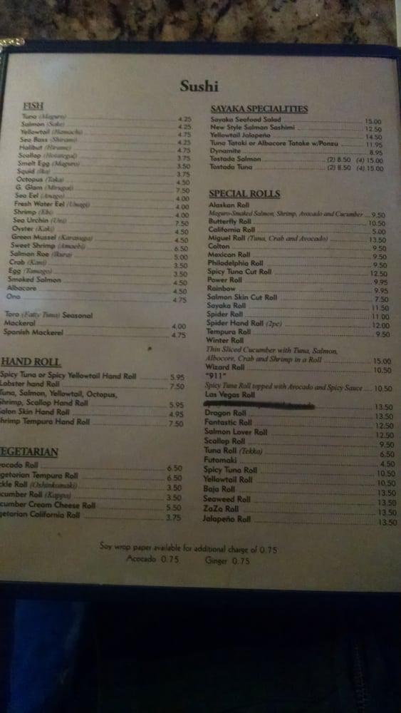 Carta de Sayaka Japanese Restaurant, Colton