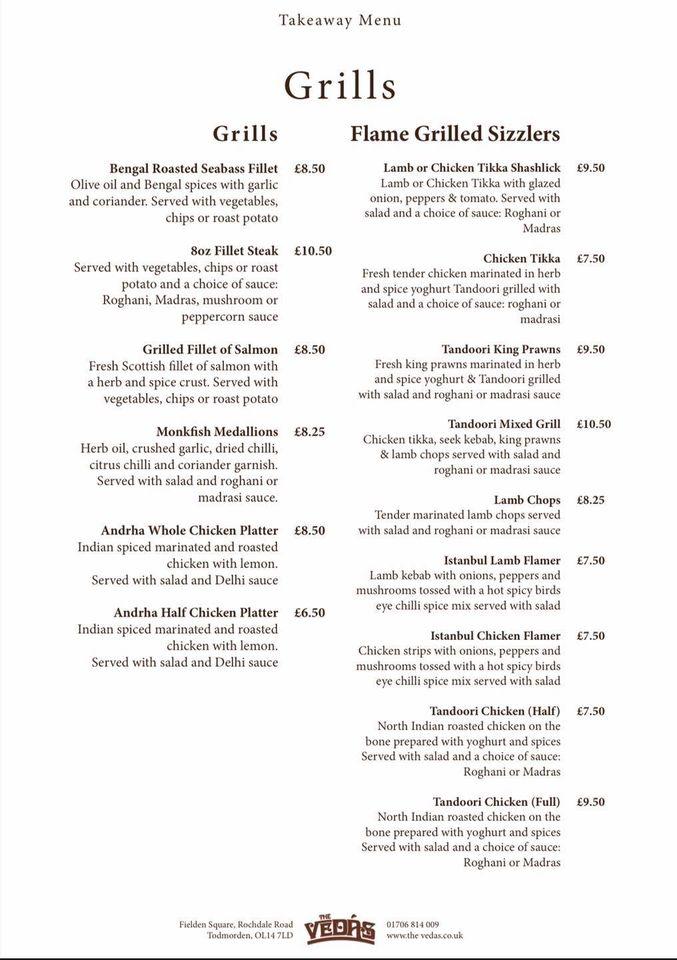 Menu at The Vedas restaurant, Todmorden