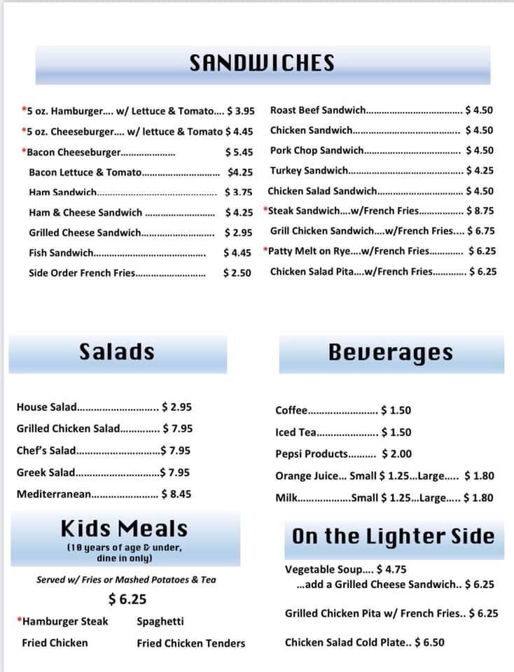 Menu at Chris's Diner restaurant, Florence