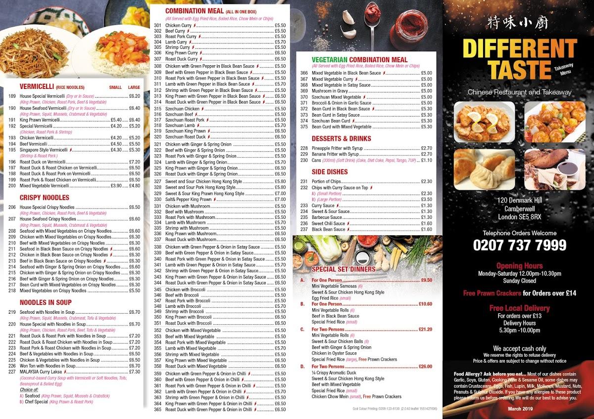 Menu at Different Taste restaurant, London