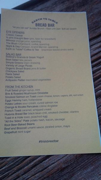 Menu at Earth to Table: Bread Bar, Guelph