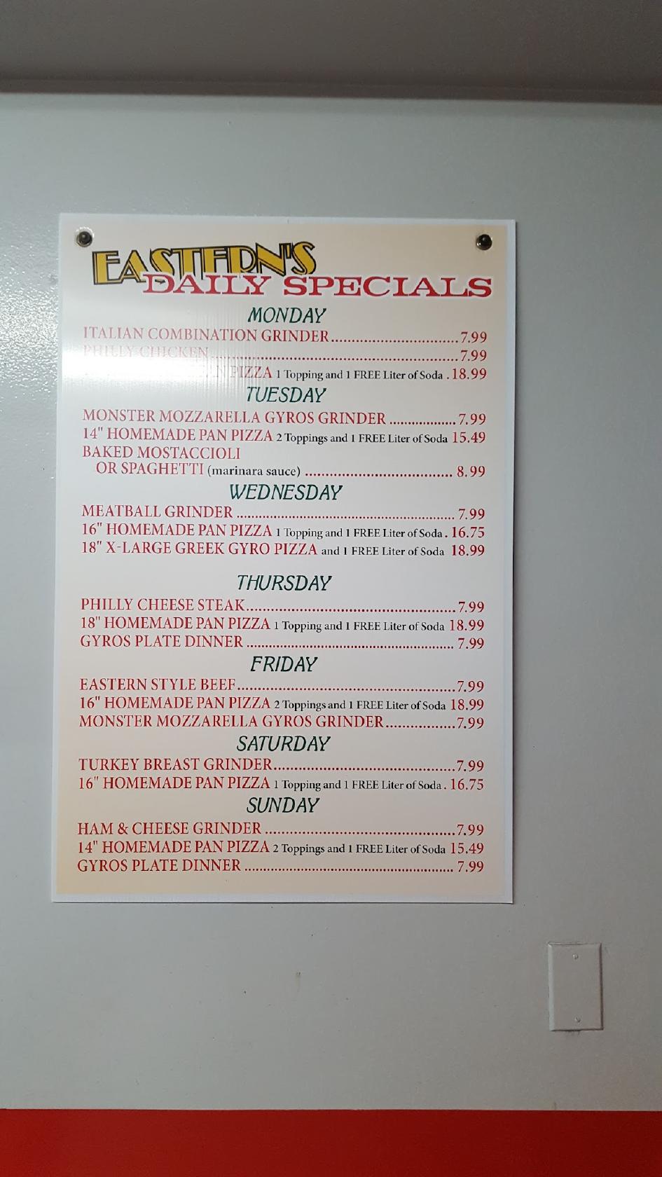 Menu at Eastern Style Pizza pizzeria, Chicago, W Touhy Ave