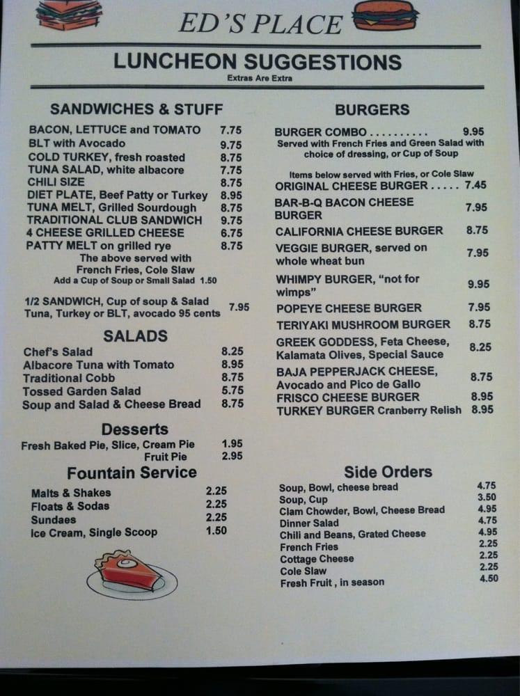 Menu at Ed's Place restaurant, Glendora