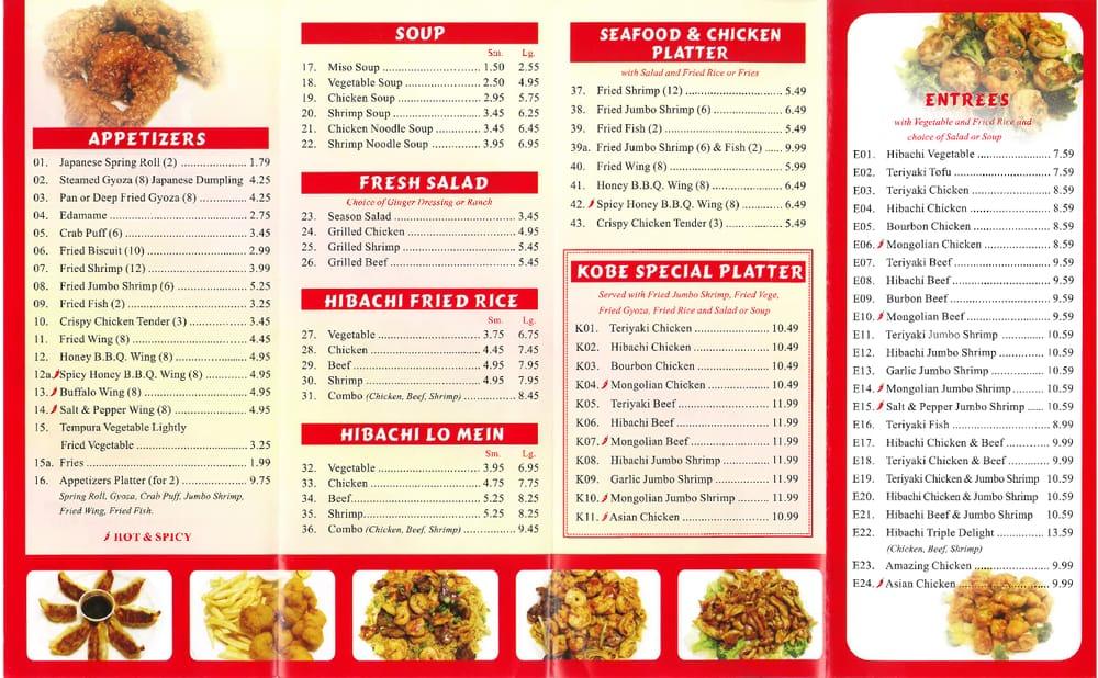 Menu at Kobe Japan restaurant, New Iberia