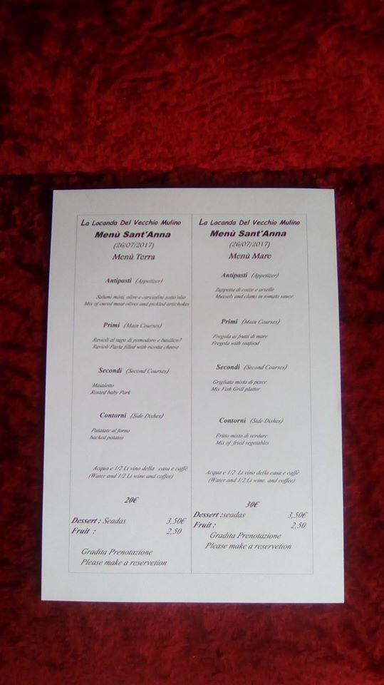 Menu da La Locanda Del Vecchio Mulino ristorante, Riola Sardo