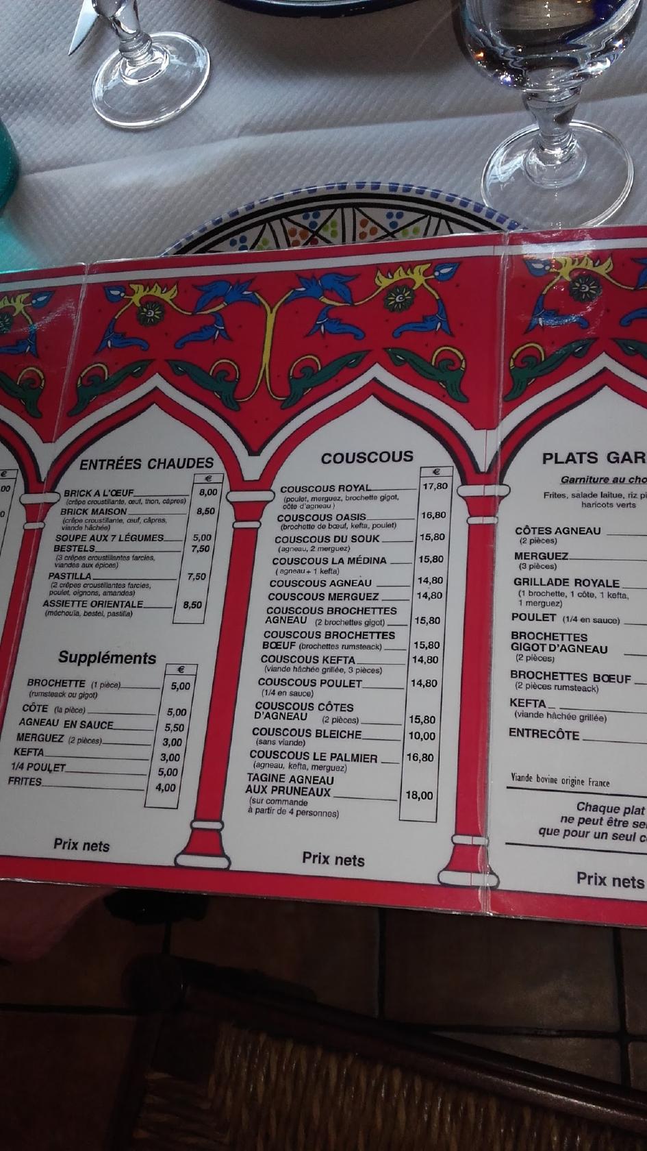 Menu at Le Palmier restaurant, Rochefort
