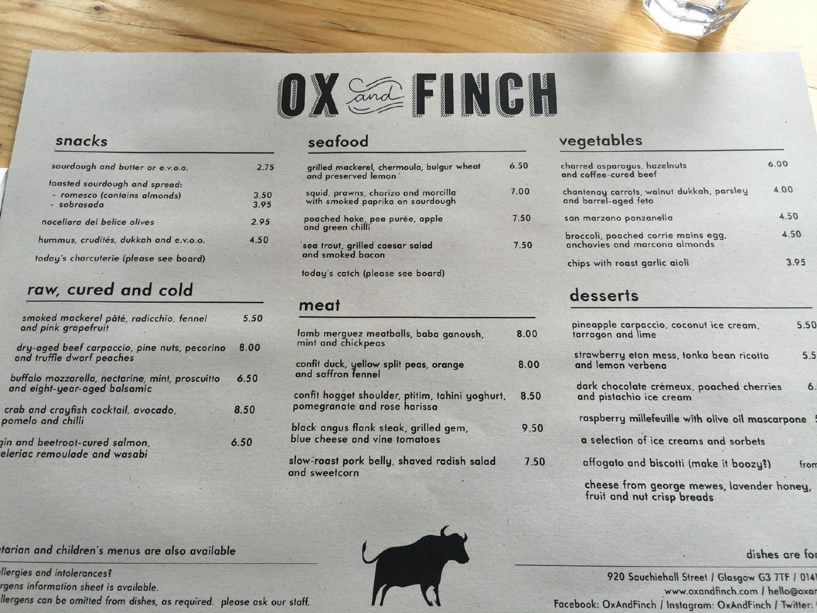 Menu at Ox and Finch restaurant, Glasgow, 920 Sauchiehall St