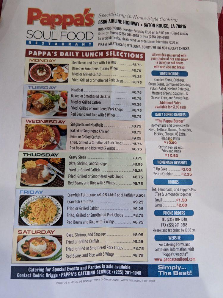 Menu at Pappa's Soul Food restaurant, Baton Rouge