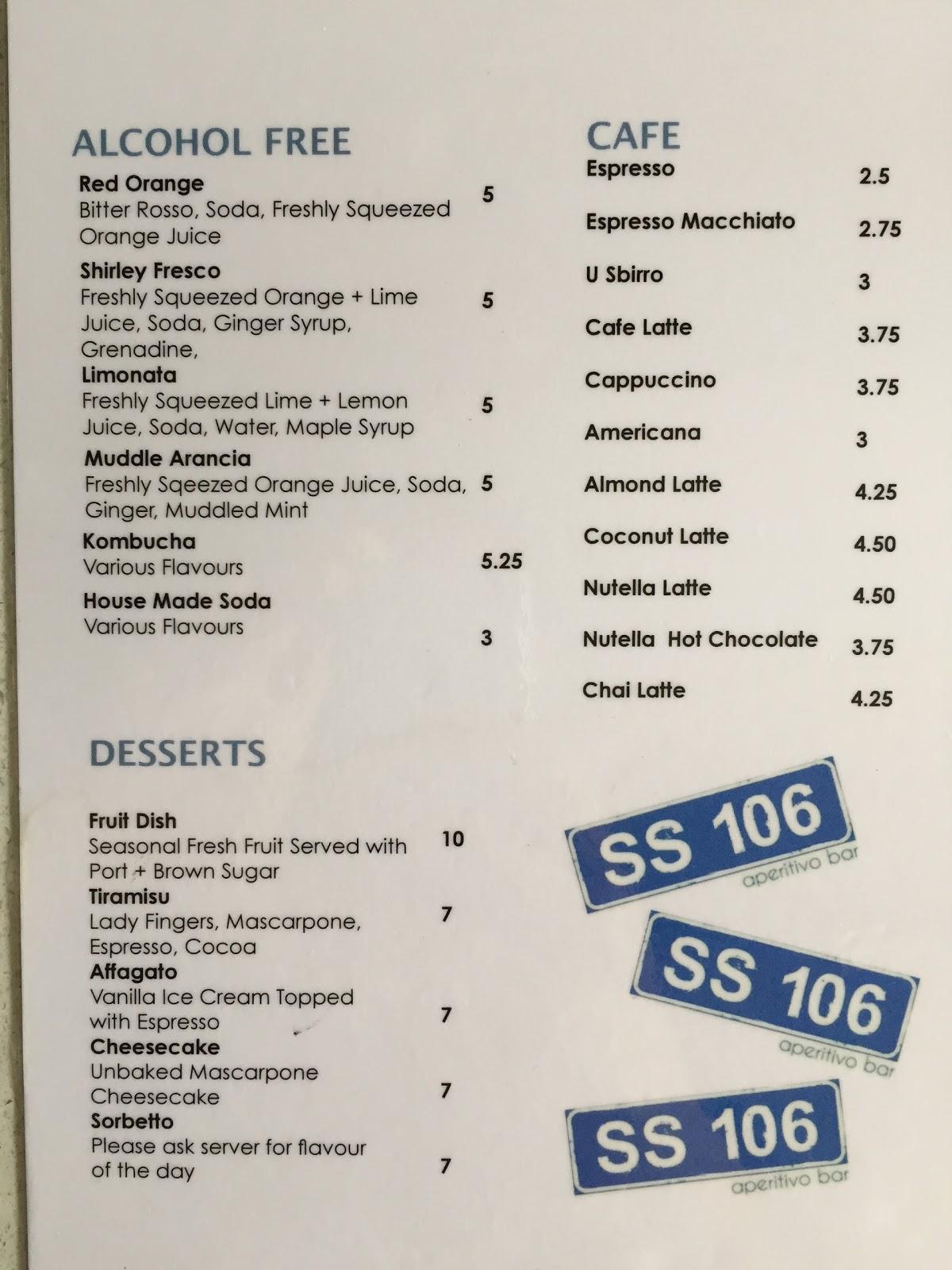 Menu at SS106 Aperitivo Bar, Calgary