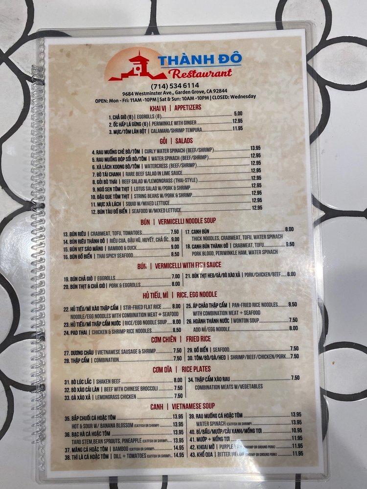 Carta de Thanh Do Restaurant, Garden Grove